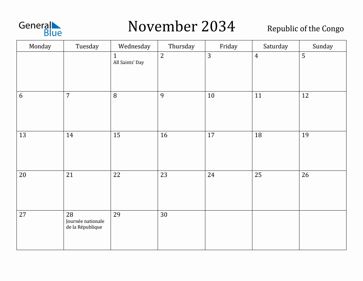 November 2034 Monthly Calendar with Republic of the Congo Holidays ...