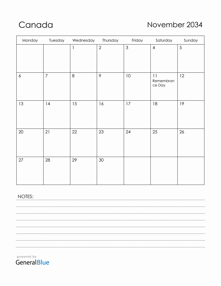 November 2034 Canada Calendar with Holidays