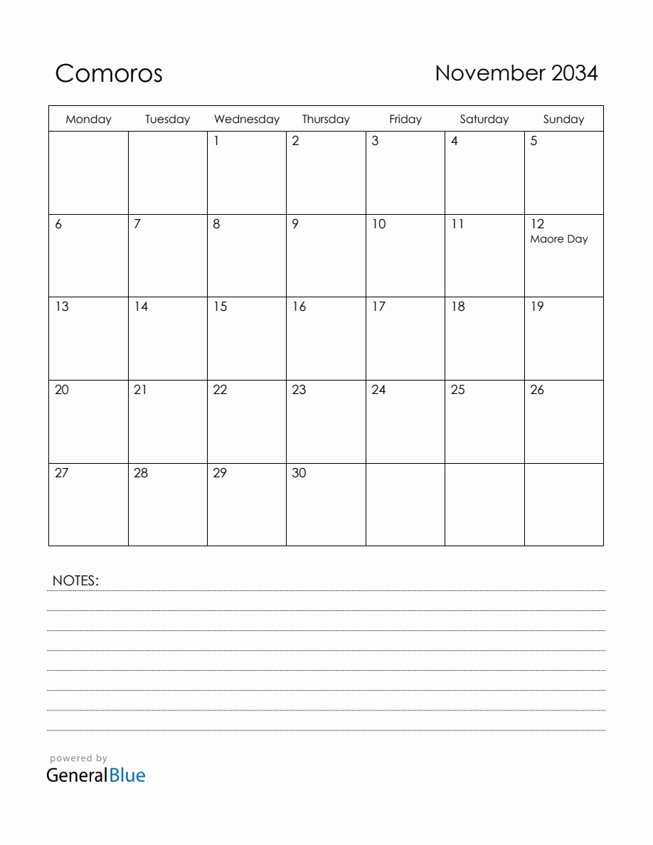 November 2034 Comoros Calendar with Holidays (Monday Start)
