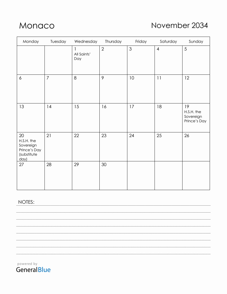 November 2034 Monaco Calendar with Holidays (Monday Start)