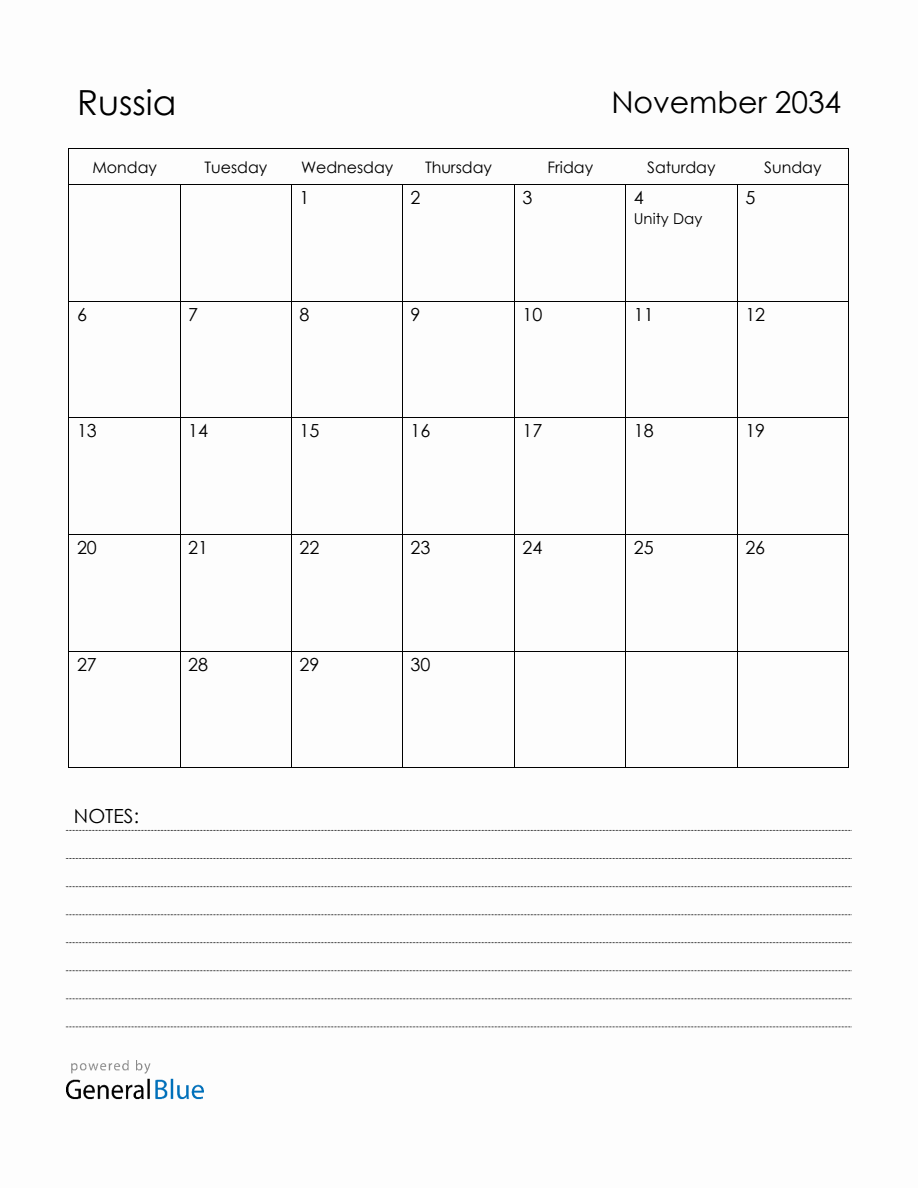 November 2034 Russia Calendar with Holidays (Monday Start)