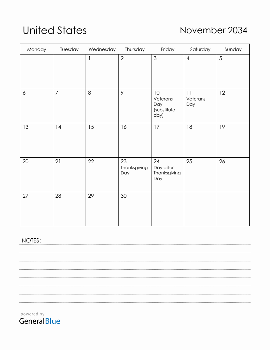 November 2034 United States Calendar with Holidays