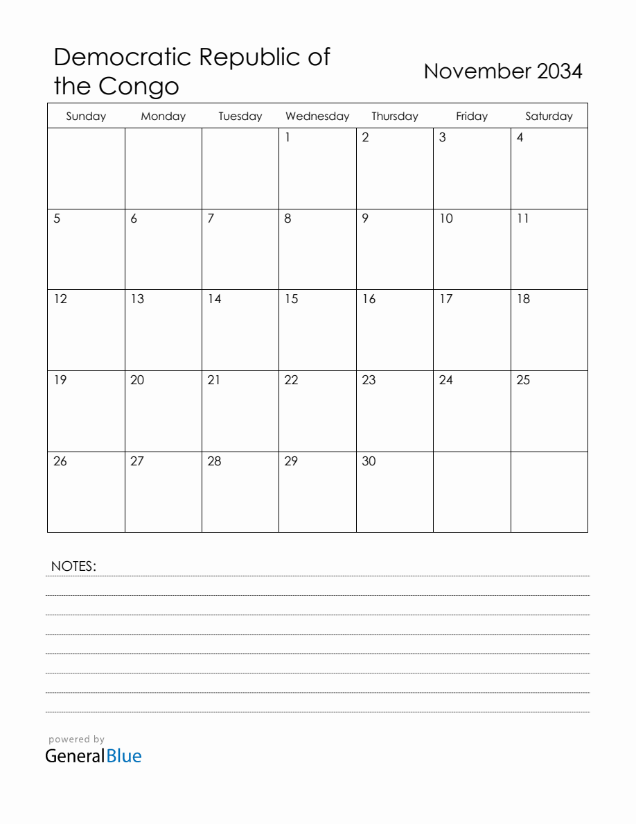 November 2034 Democratic Republic of the Congo Calendar with Holidays