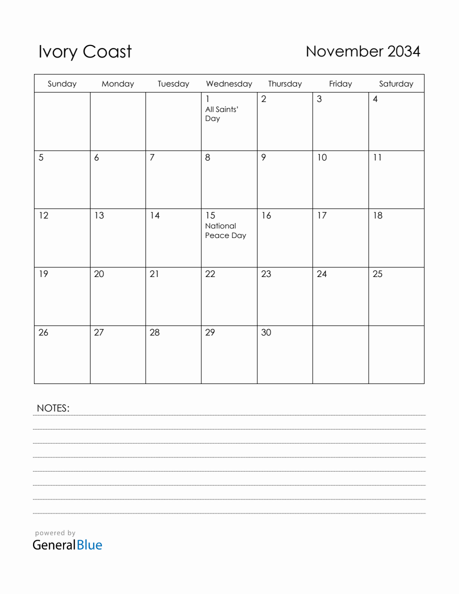 November 2034 Ivory Coast Calendar with Holidays