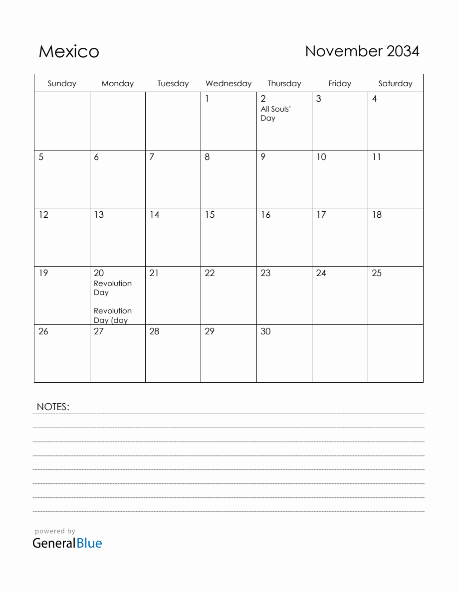 November 2034 Mexico Calendar with Holidays