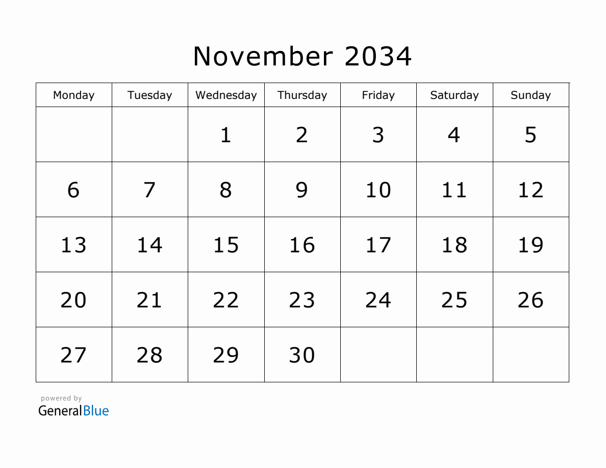 Printable November 2034 Calendar - Monday Start