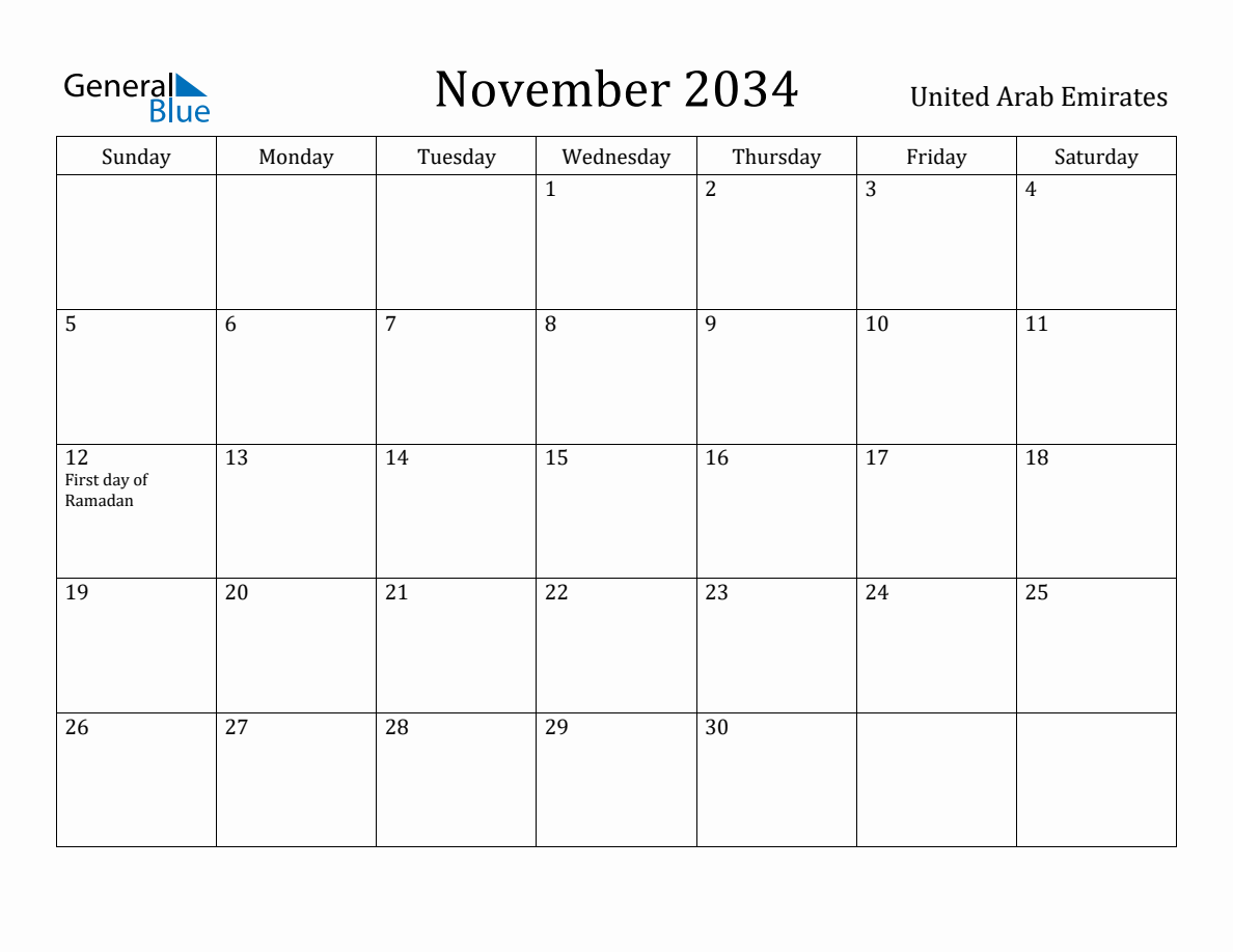 November 2034 Monthly Calendar with United Arab Emirates Holidays