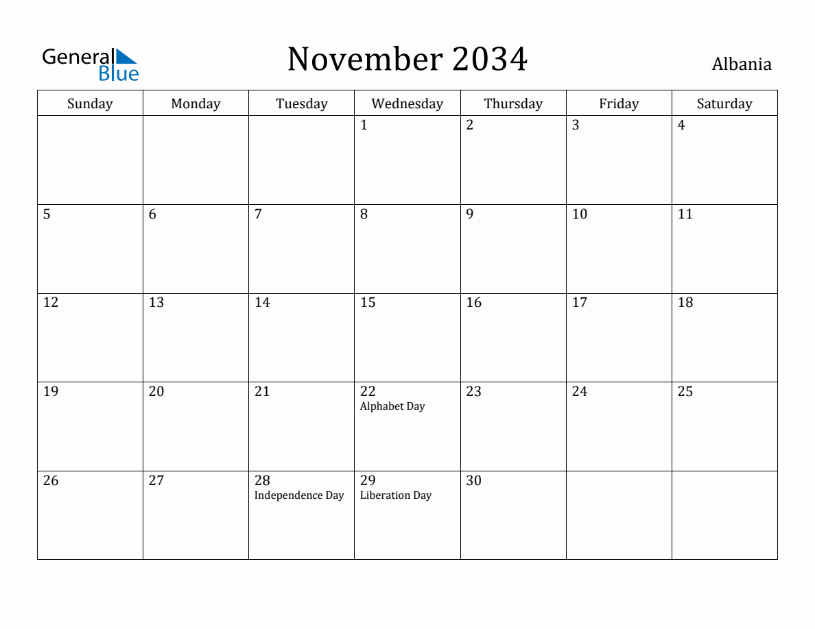 November 2034 Monthly Calendar with Albania Holidays