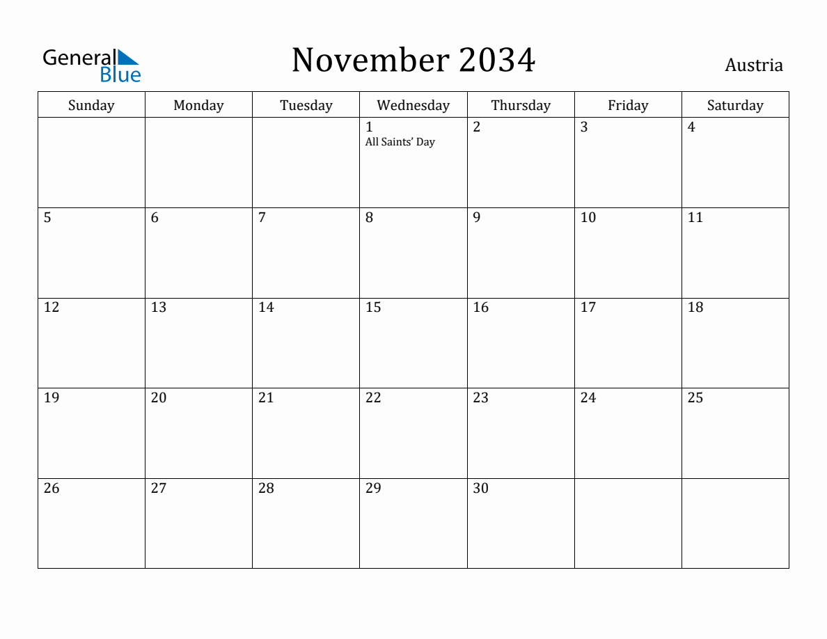 November 2034 Monthly Calendar with Austria Holidays