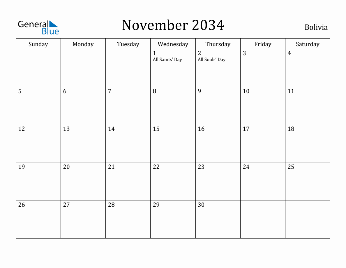 November 2034 Monthly Calendar with Bolivia Holidays