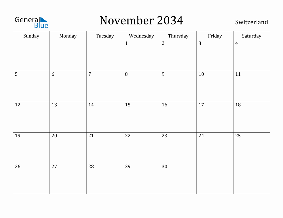 November 2034 Monthly Calendar with Switzerland Holidays