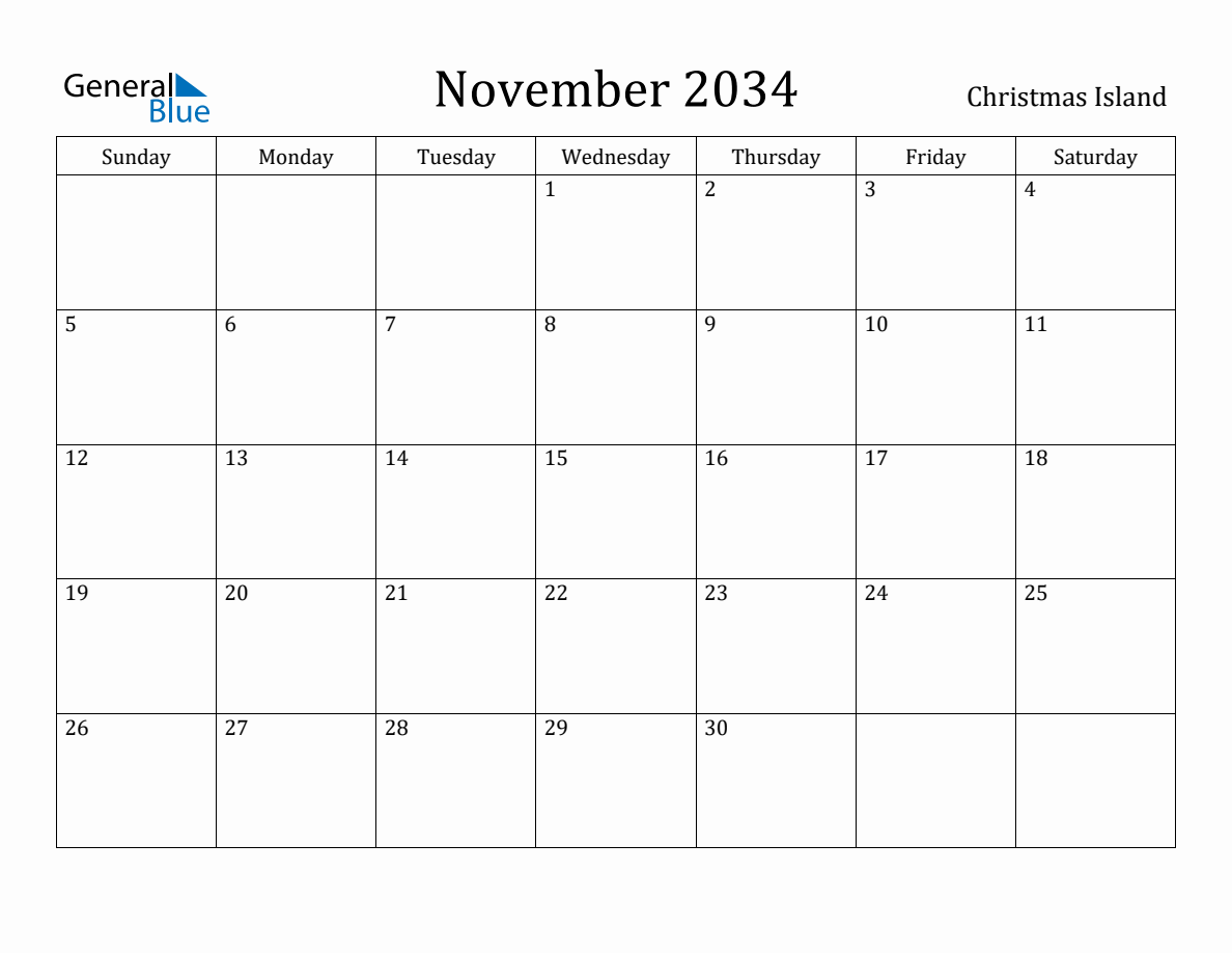 November 2034 Monthly Calendar with Christmas Island Holidays