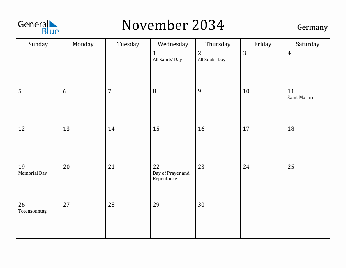 November 2034 Monthly Calendar with Germany Holidays