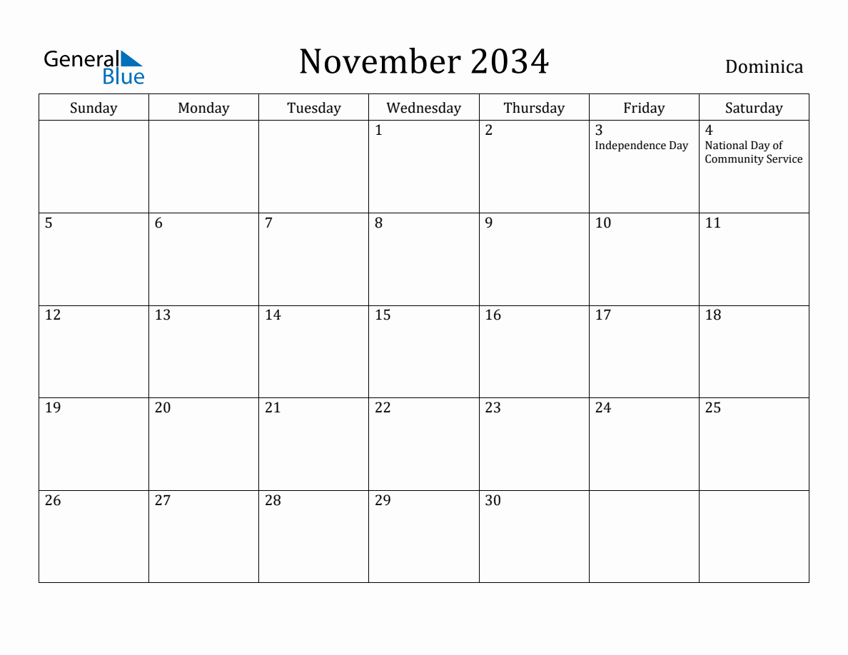 November 2034 Monthly Calendar with Dominica Holidays