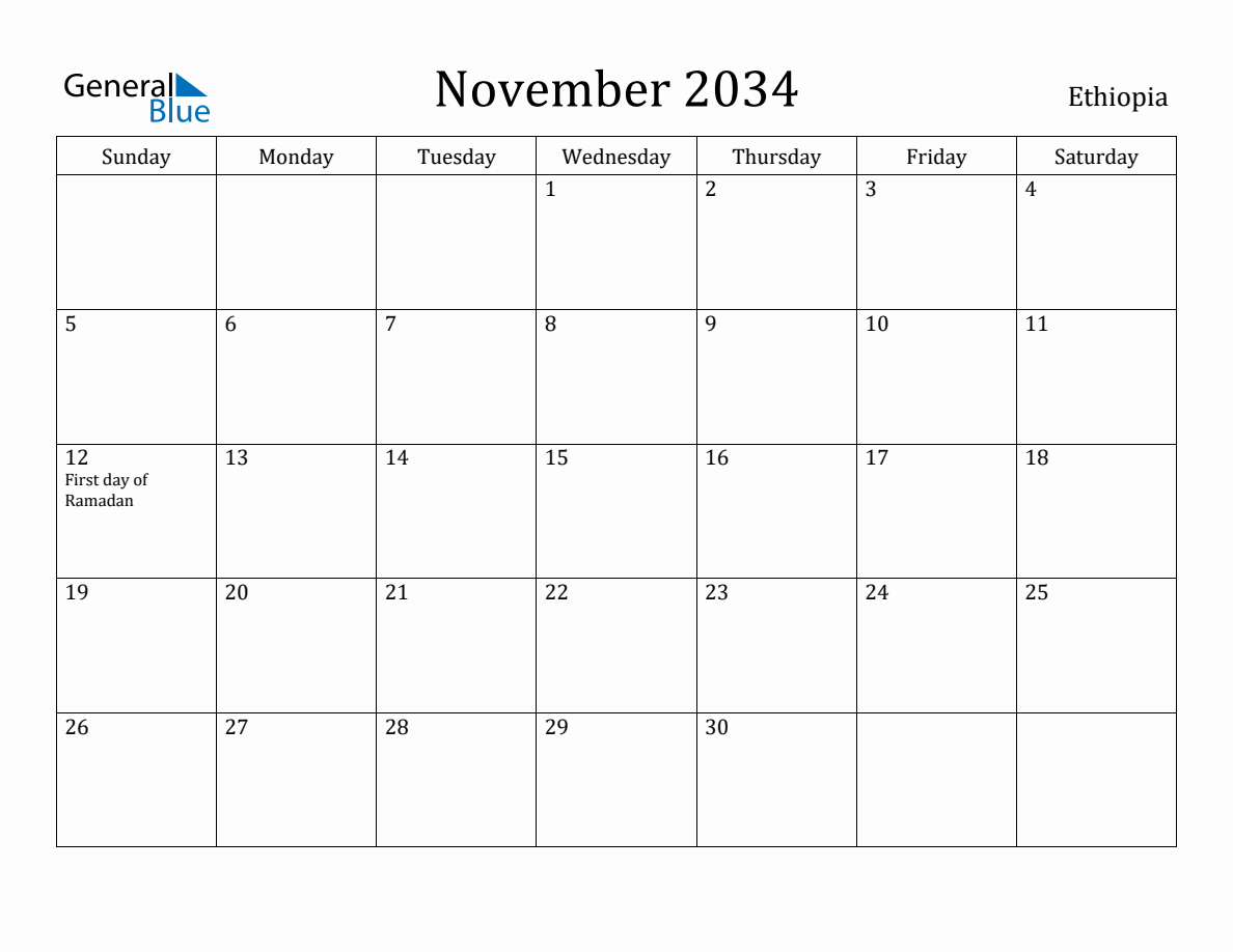 November 2034 Monthly Calendar with Ethiopia Holidays