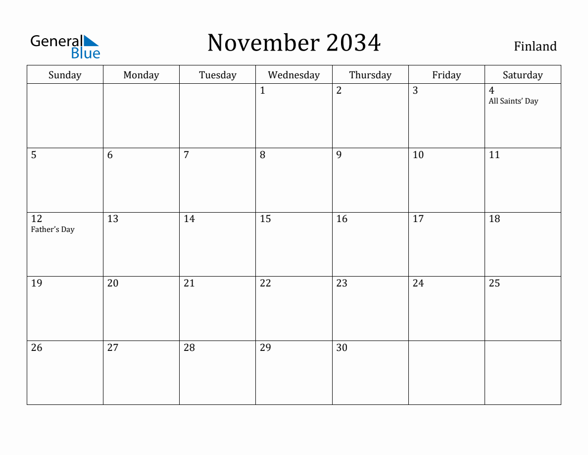 November 2034 Monthly Calendar with Finland Holidays