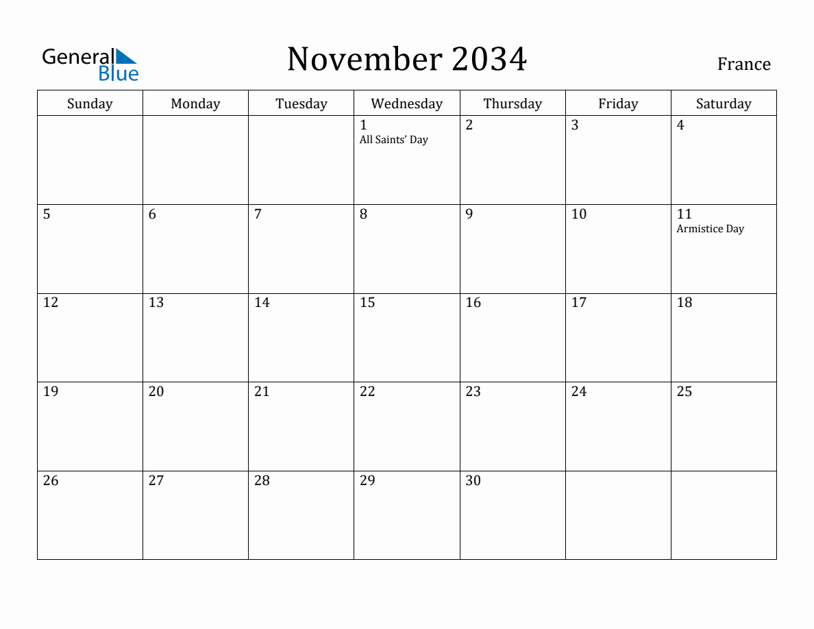 November 2034 Monthly Calendar with France Holidays