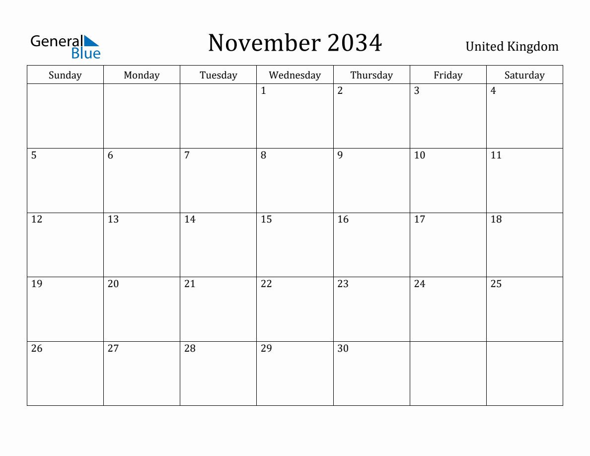 November 2034 Monthly Calendar with United Kingdom Holidays