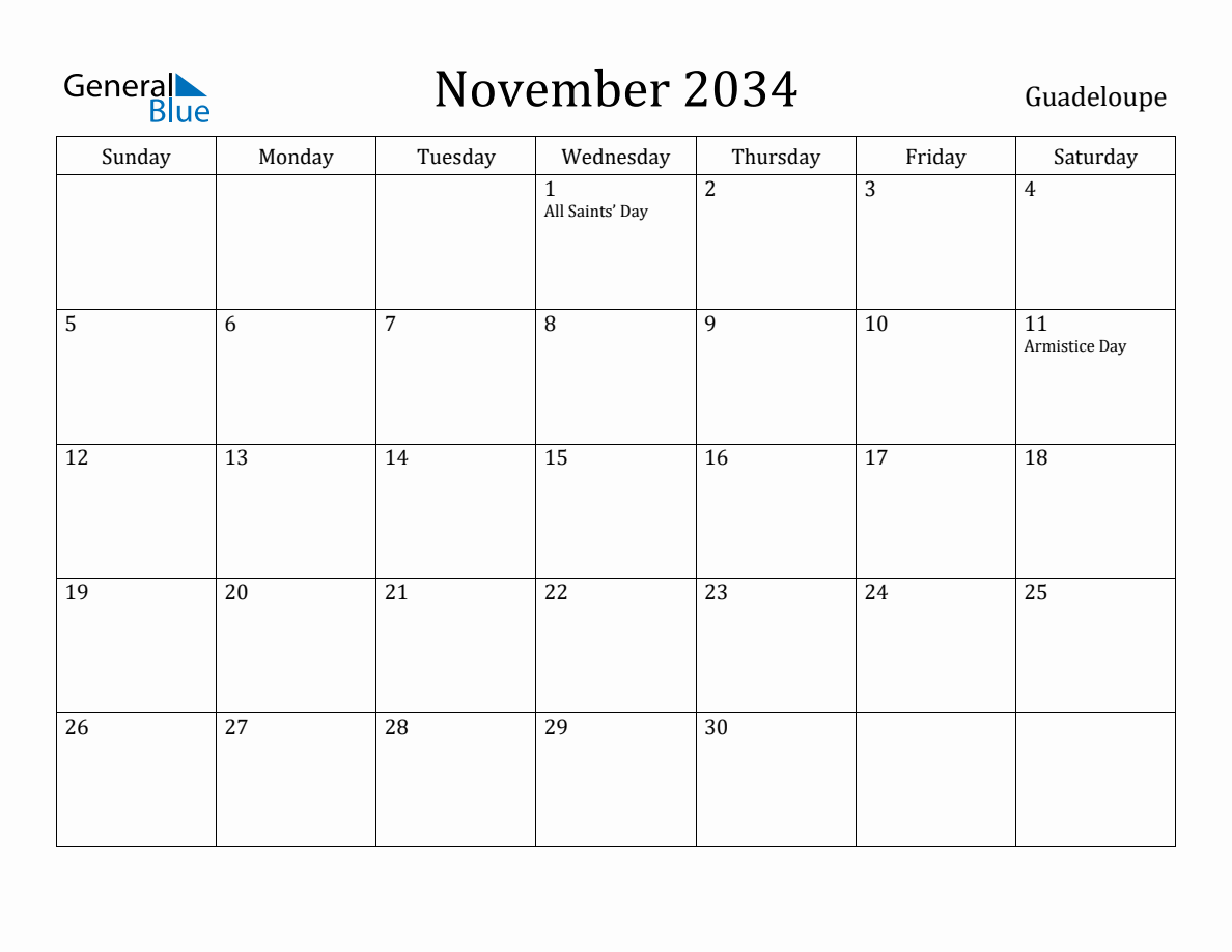 November 2034 Monthly Calendar with Guadeloupe Holidays