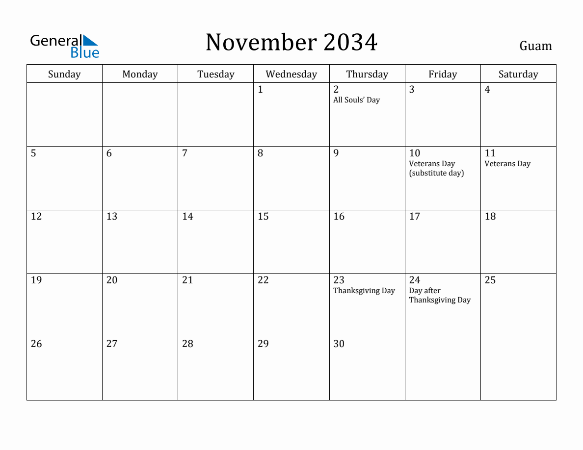 November 2034 Monthly Calendar with Guam Holidays