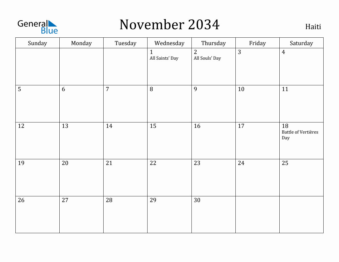 November 2034 Monthly Calendar with Haiti Holidays