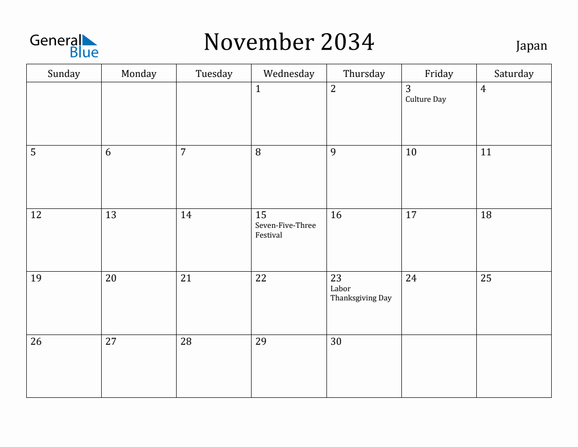 November 2034 Monthly Calendar with Japan Holidays