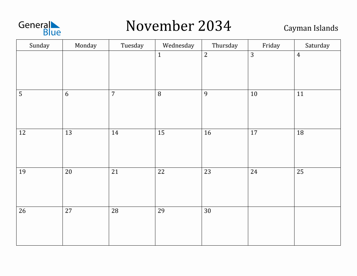 November 2034 Monthly Calendar with Cayman Islands Holidays