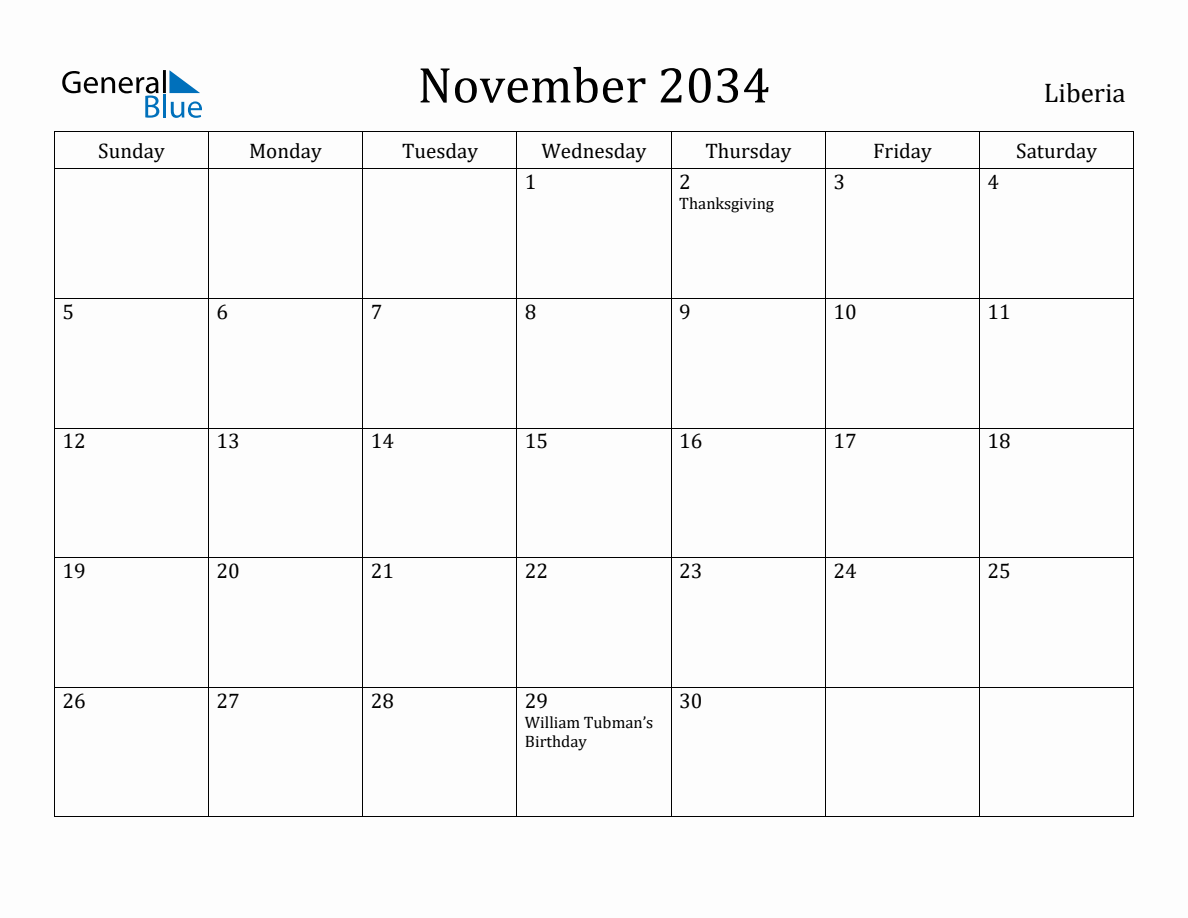 November 2034 Monthly Calendar with Liberia Holidays