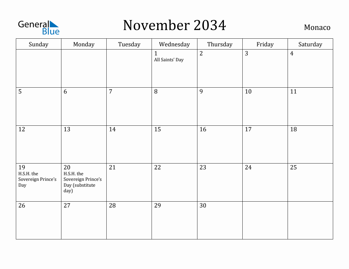 November 2034 Monthly Calendar with Monaco Holidays