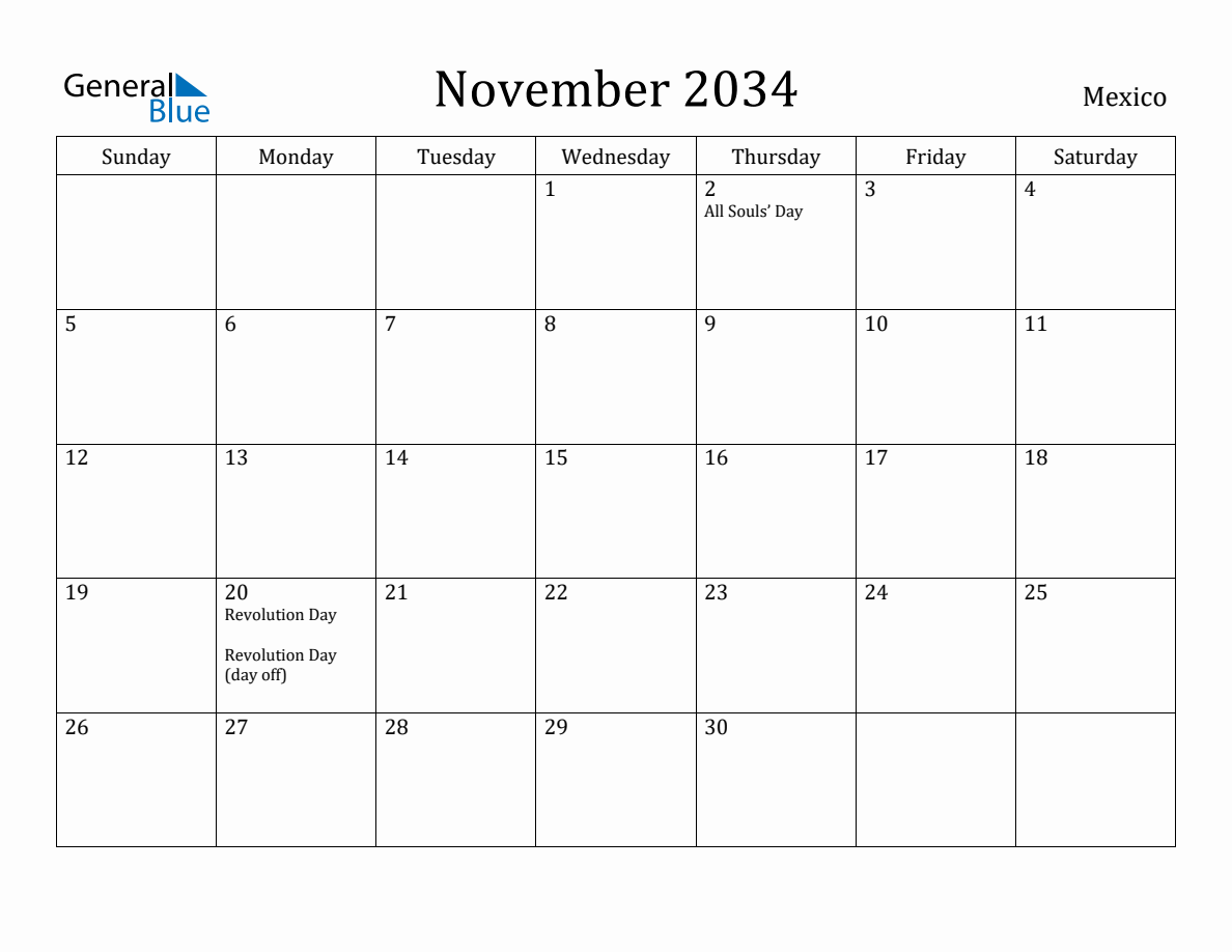 November 2034 Monthly Calendar with Mexico Holidays