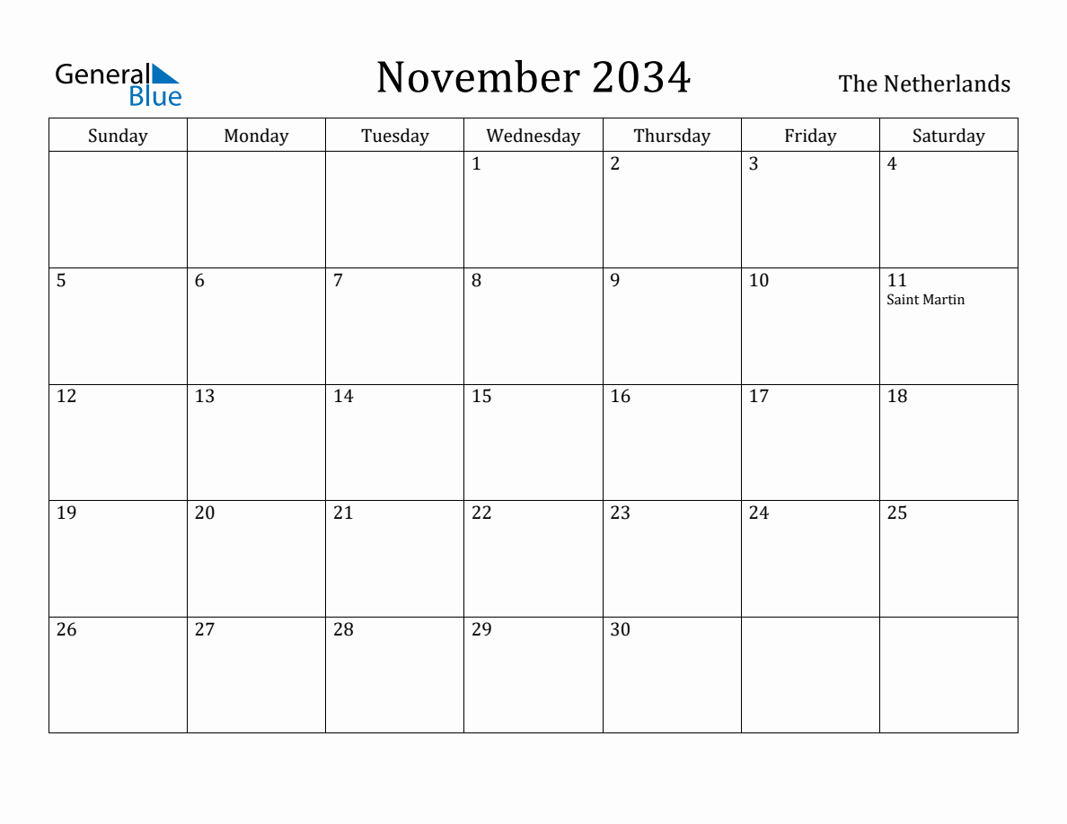 November 2034 Monthly Calendar with The Netherlands Holidays