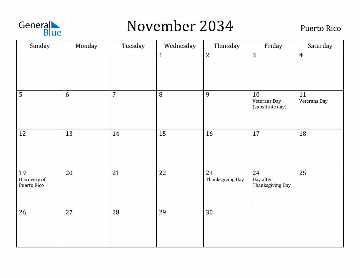 November 2034 Monthly Calendar with Puerto Rico Holidays