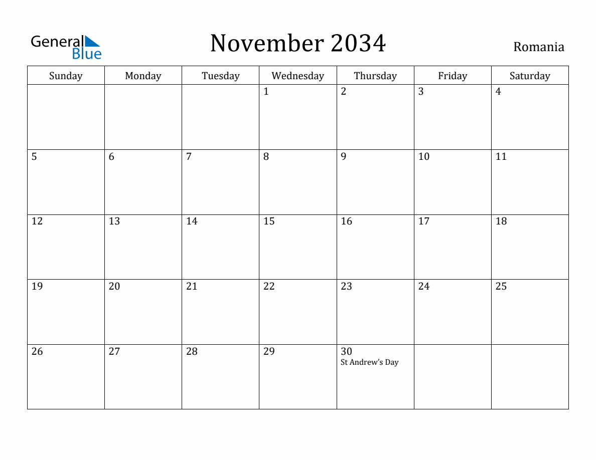 November 2034 Monthly Calendar with Romania Holidays