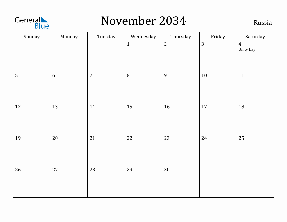 November 2034 Monthly Calendar with Russia Holidays