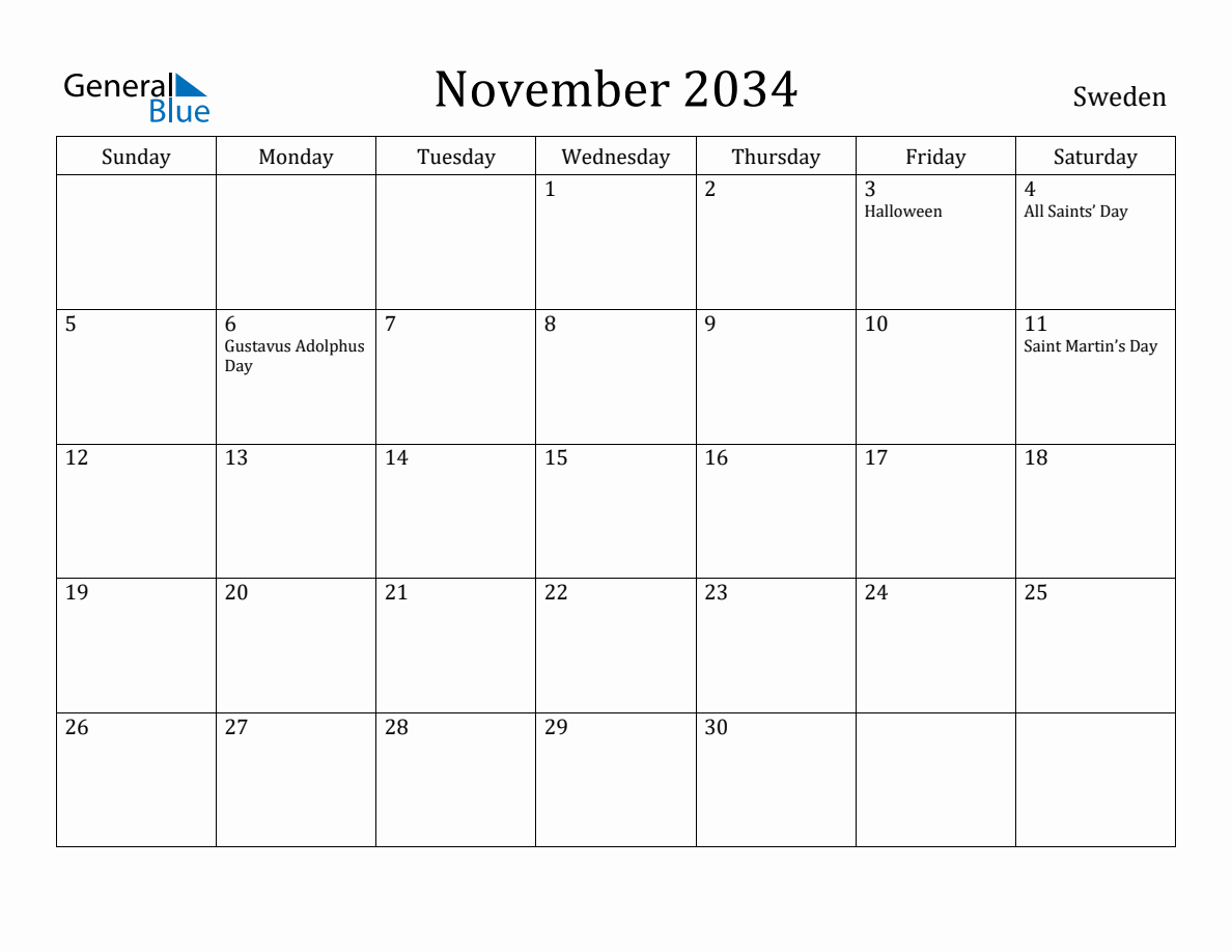 November 2034 Monthly Calendar with Sweden Holidays