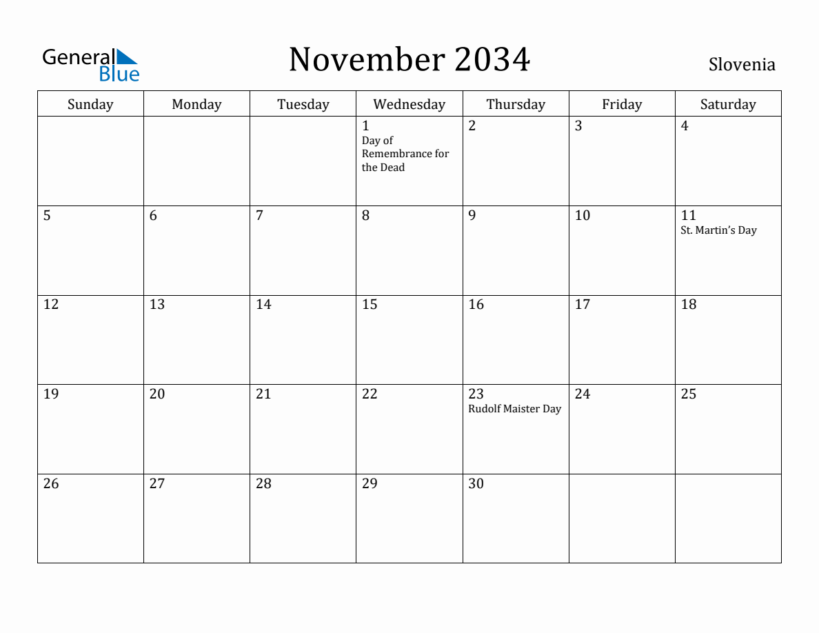 November 2034 Monthly Calendar with Slovenia Holidays