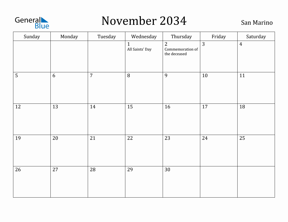 November 2034 Monthly Calendar with San Marino Holidays