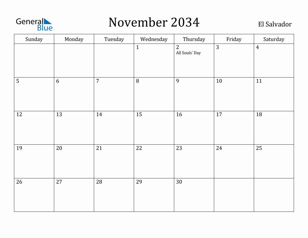 November 2034 Monthly Calendar with El Salvador Holidays