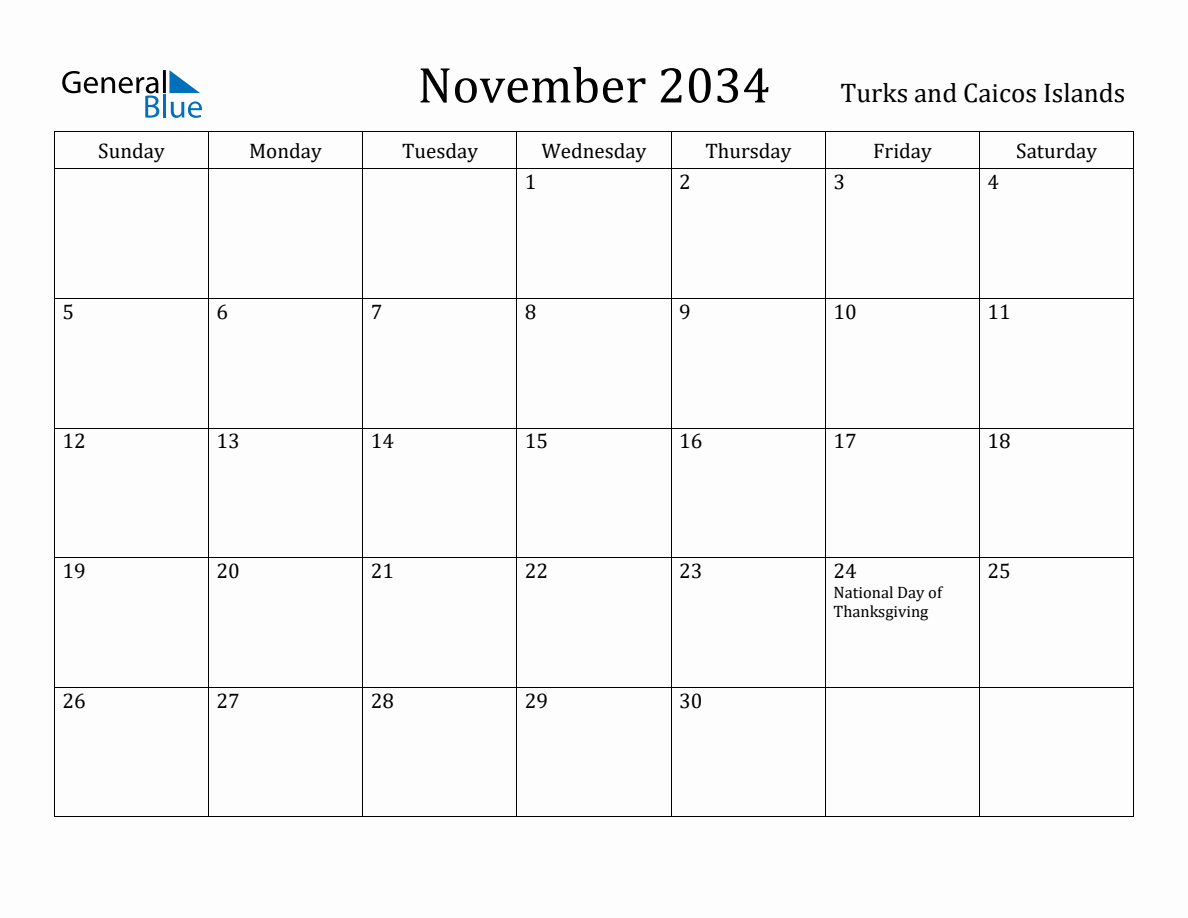 November 2034 Monthly Calendar with Turks and Caicos Islands Holidays