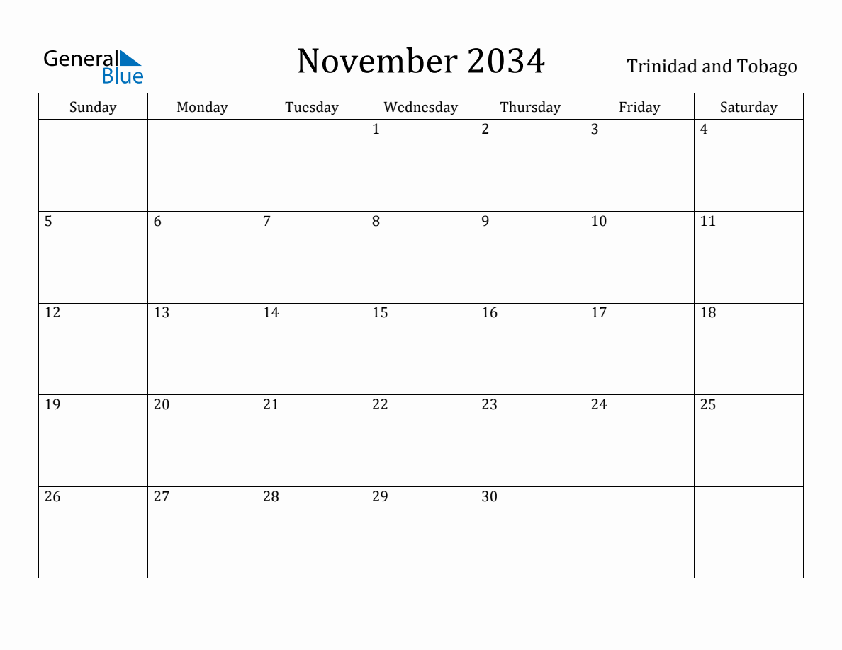 November 2034 Monthly Calendar with Trinidad and Tobago Holidays