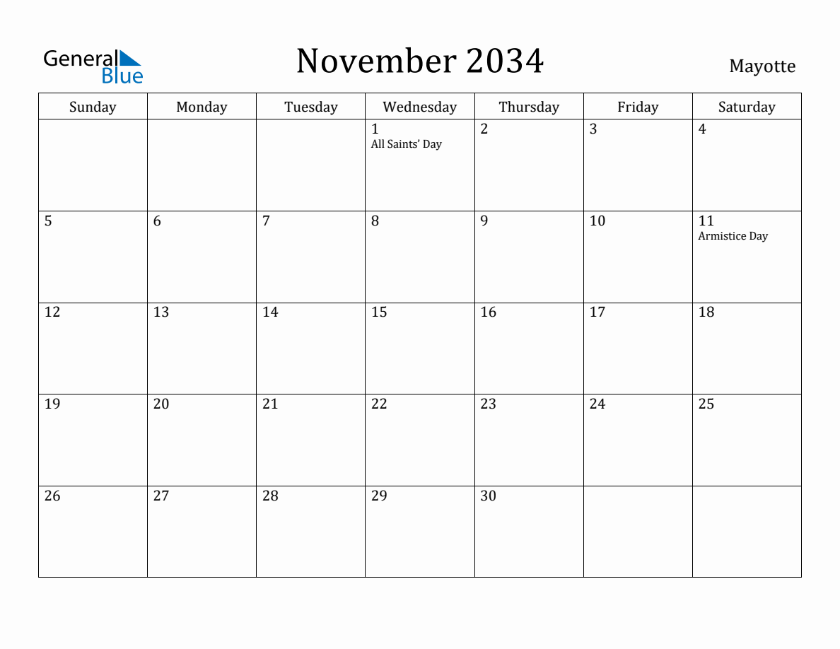 November 2034 Monthly Calendar with Mayotte Holidays