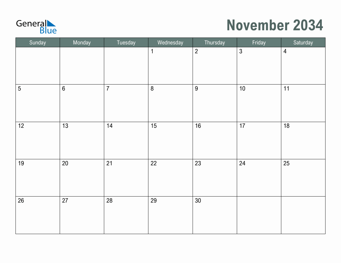 Blank November 2034 Monthly Calendar Template