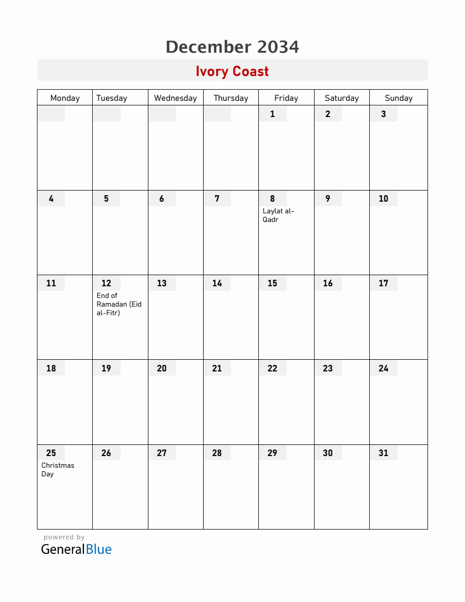 Ivory Coast December 2034 Calendar with Holidays (Monday Start)