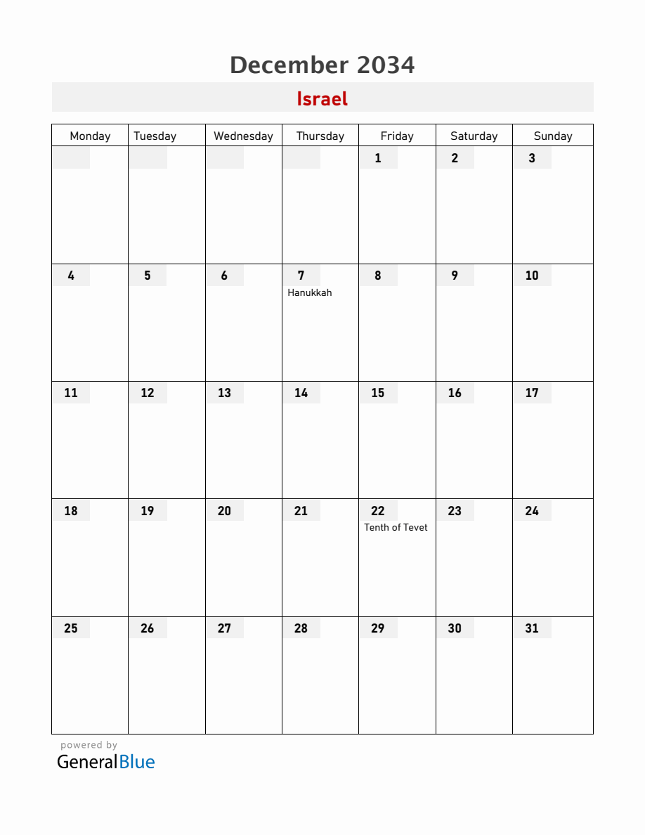 Israel December 2034 Calendar with Holidays (Monday Start)