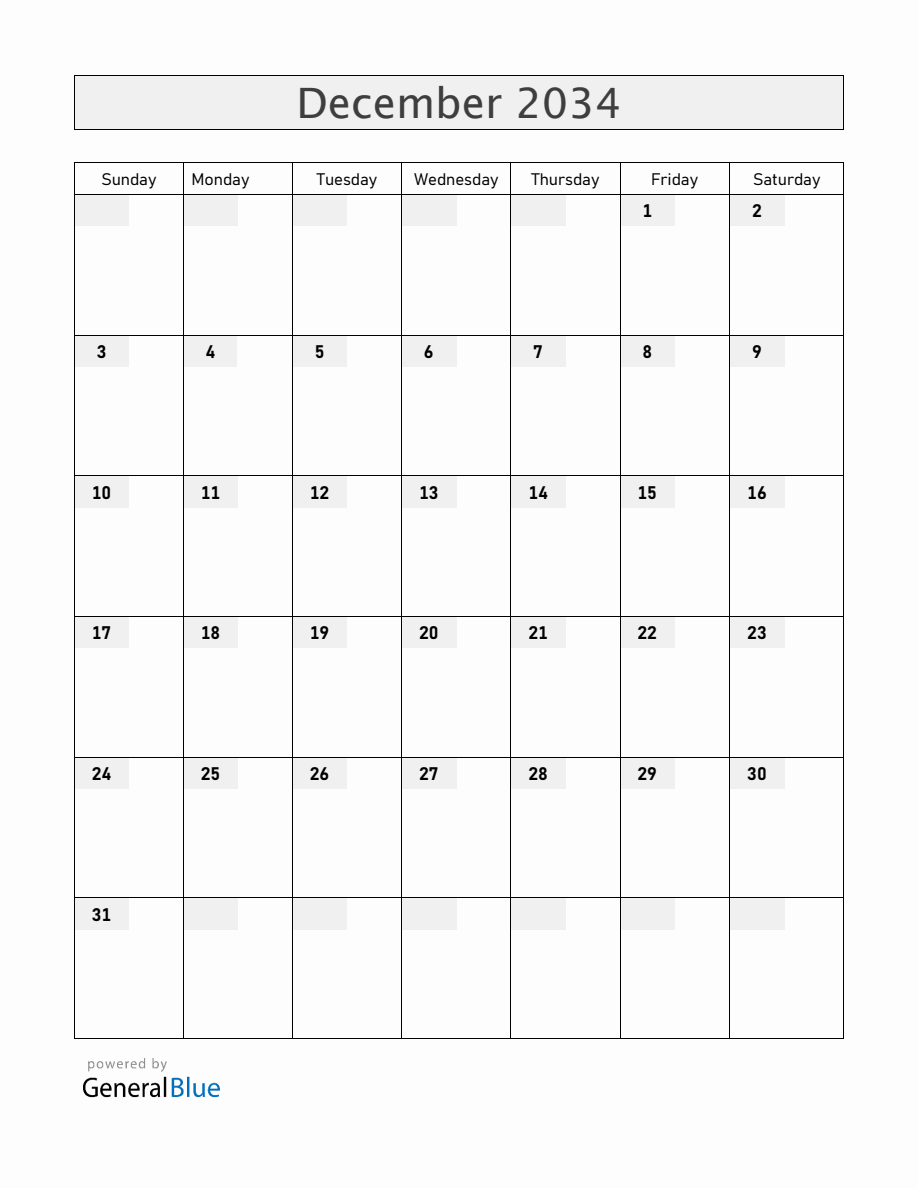 Blank December 2034 Calendar