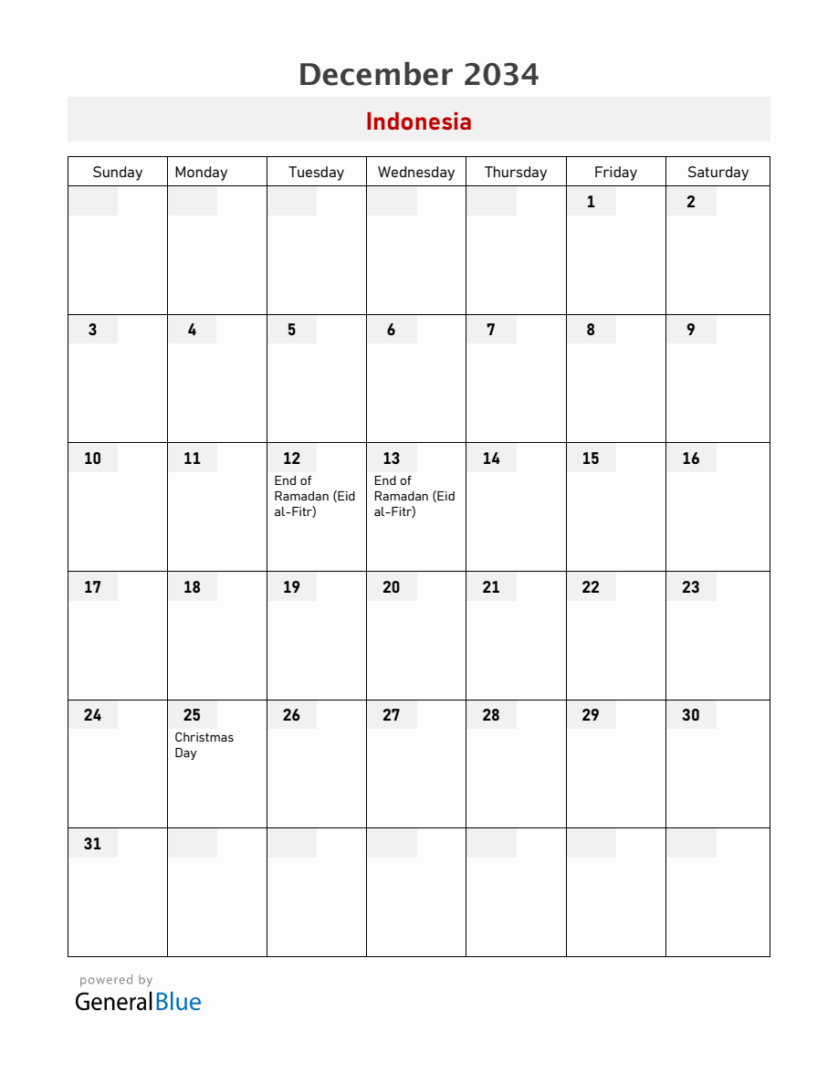 Indonesia December 2034 Calendar with Holidays
