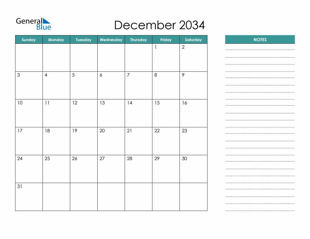 December 2034 Calendar Planner with Notes