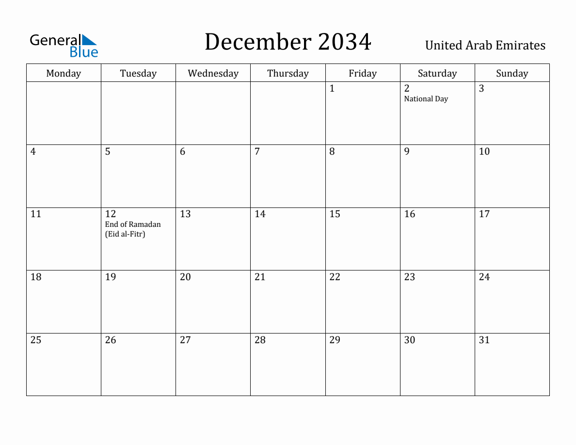 December 2034 - United Arab Emirates Monthly Calendar with Holidays