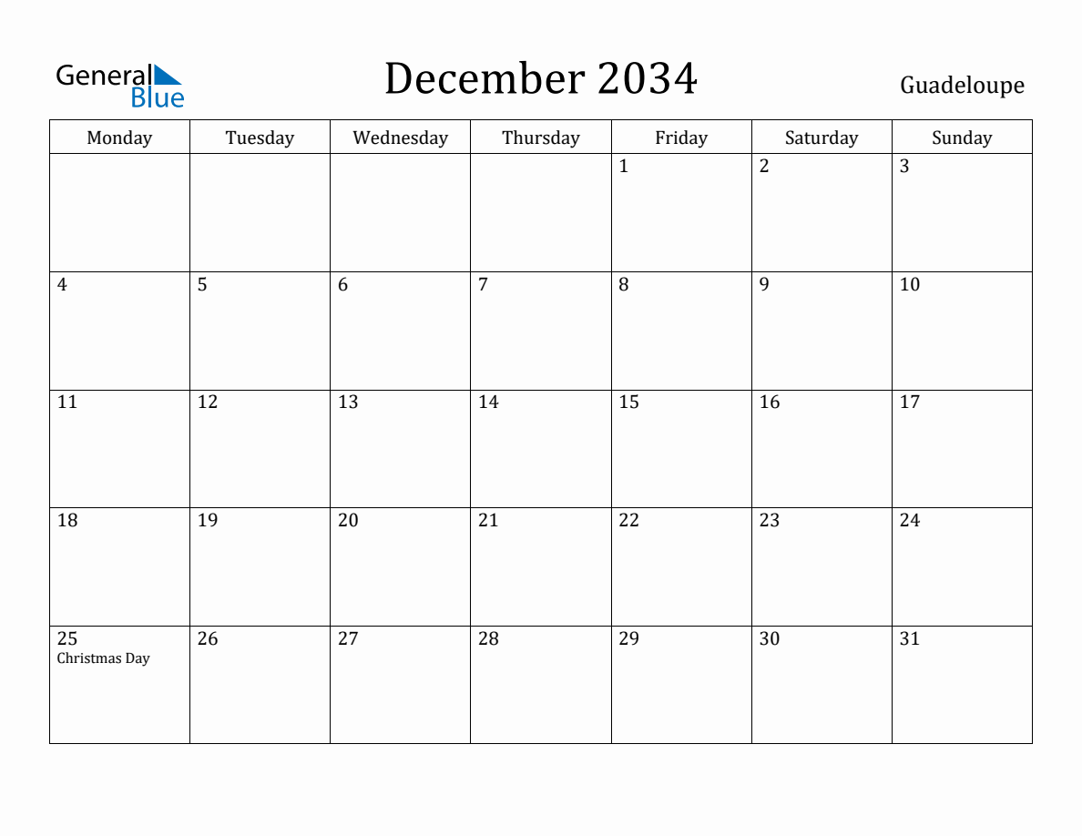December 2034 - Guadeloupe Monthly Calendar with Holidays