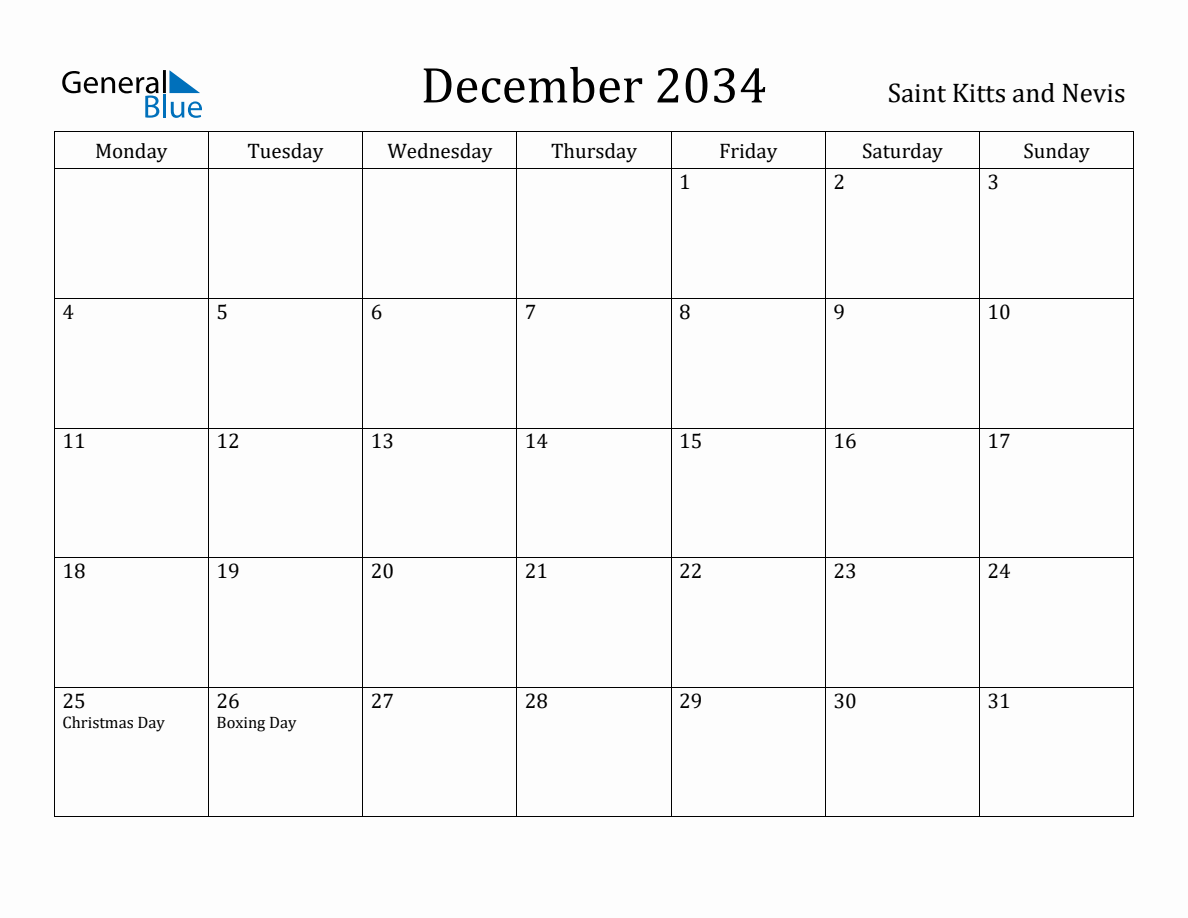 December 2034 Monthly Calendar with Saint Kitts and Nevis Holidays ...